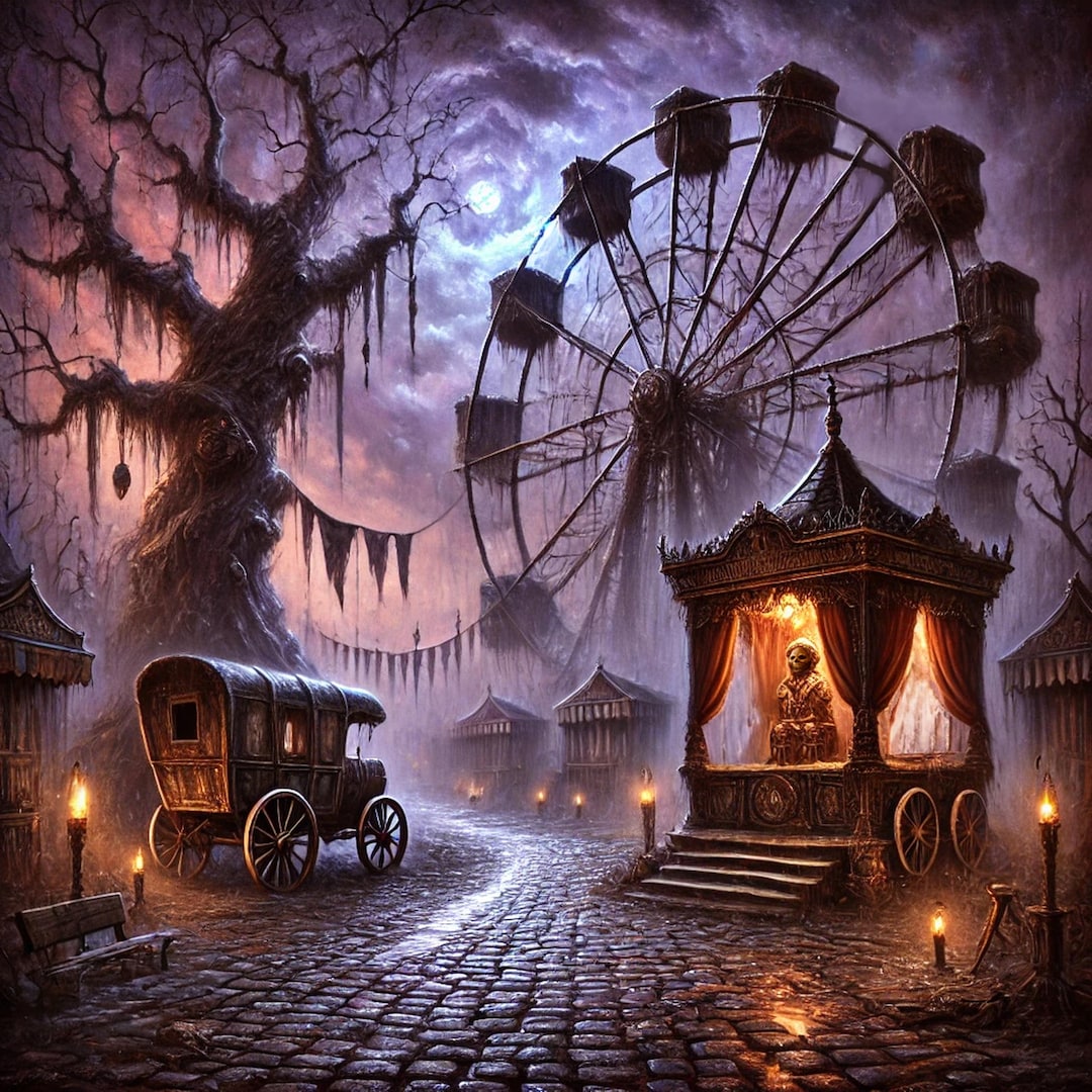 Haunted Carnival Print: Gothic Ferris Wheel, Dark Halloween Fairground ...
