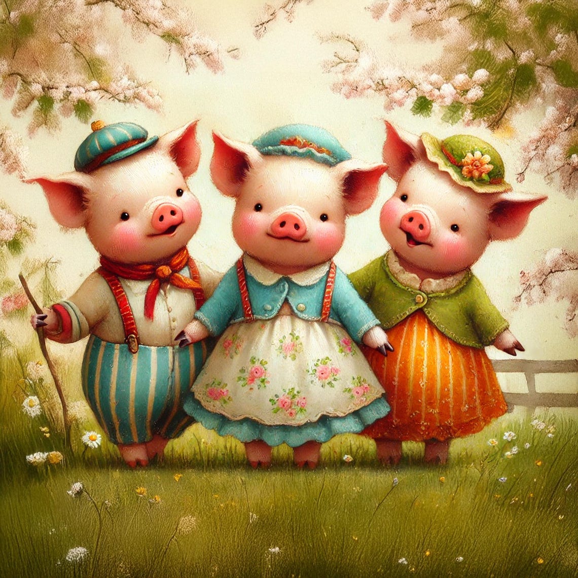 Three Little Pigs Vintage Storybook Oil Painting Nursery Art Whimsical ...