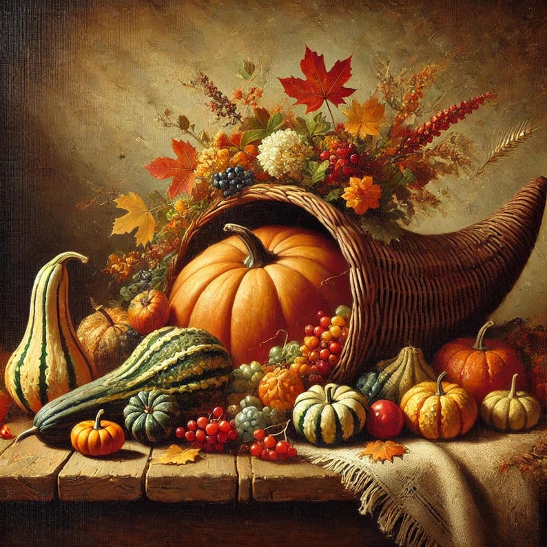 Autumn Cornucopia Still Life Print: Harvest Gourds & Pumpkins (digital ...
