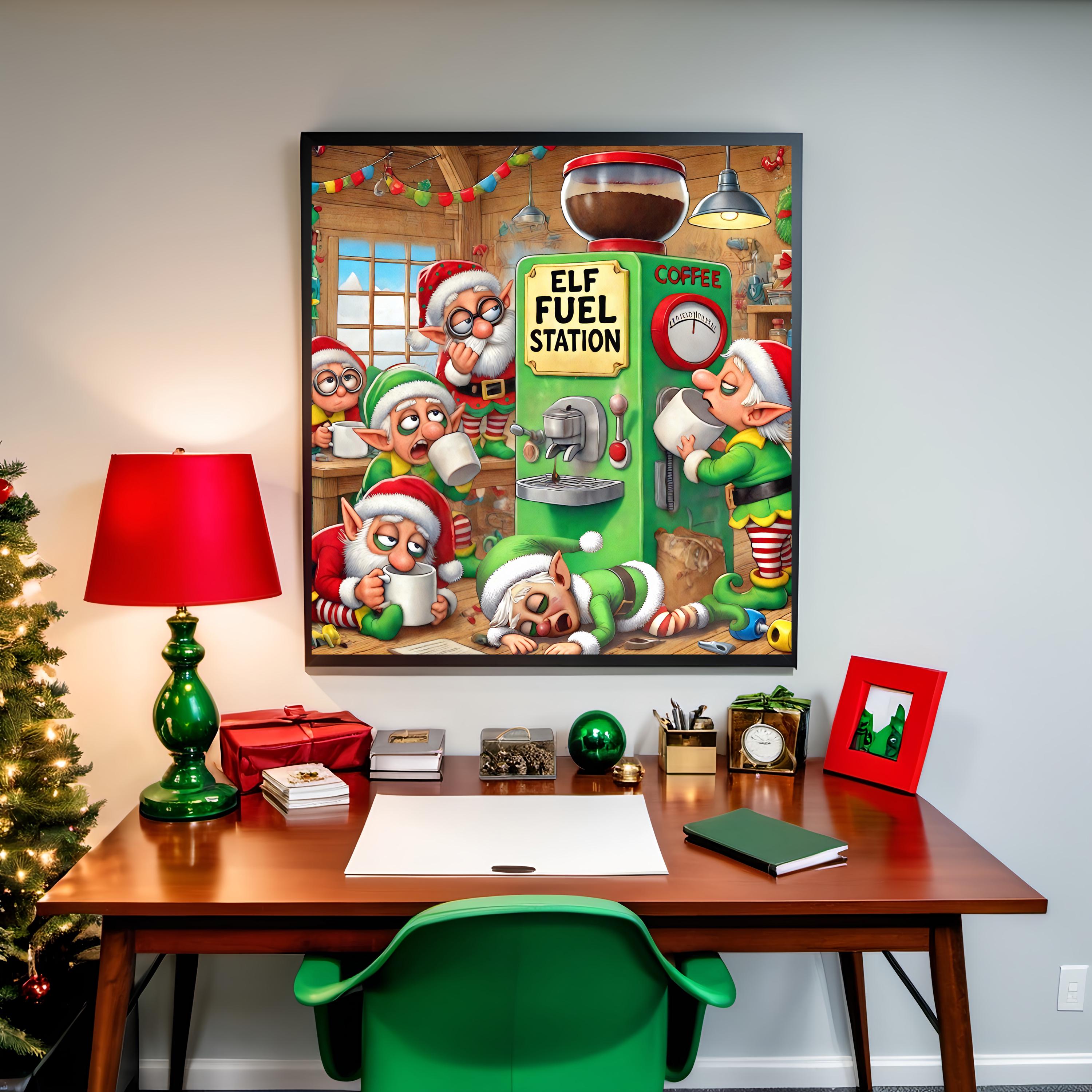Funny Christmas Elf Fuel Station Art Print: Holiday Coffee Bar Decor ...
