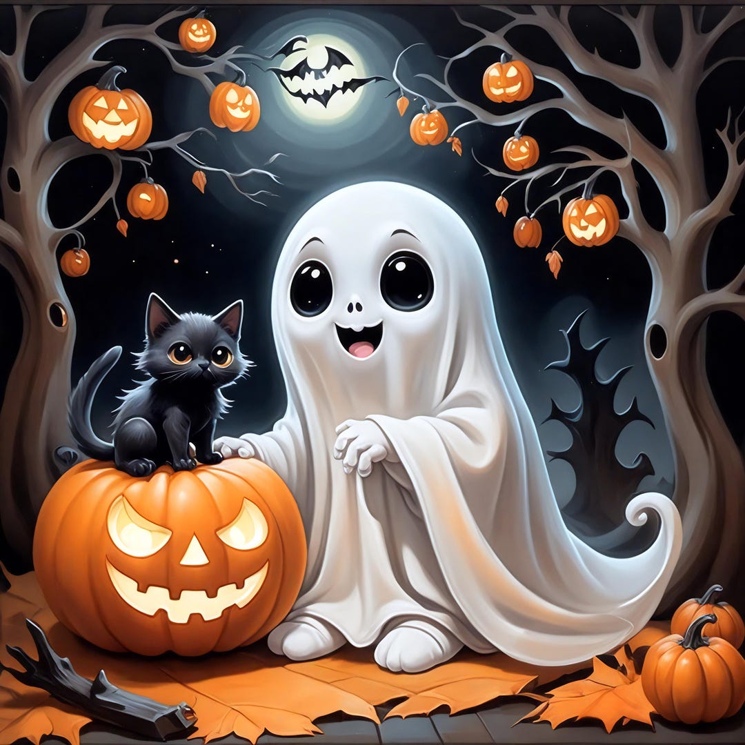 Cute Halloween Ghost Kitten Digital Download Spooky Cat Wall Art Fall ...