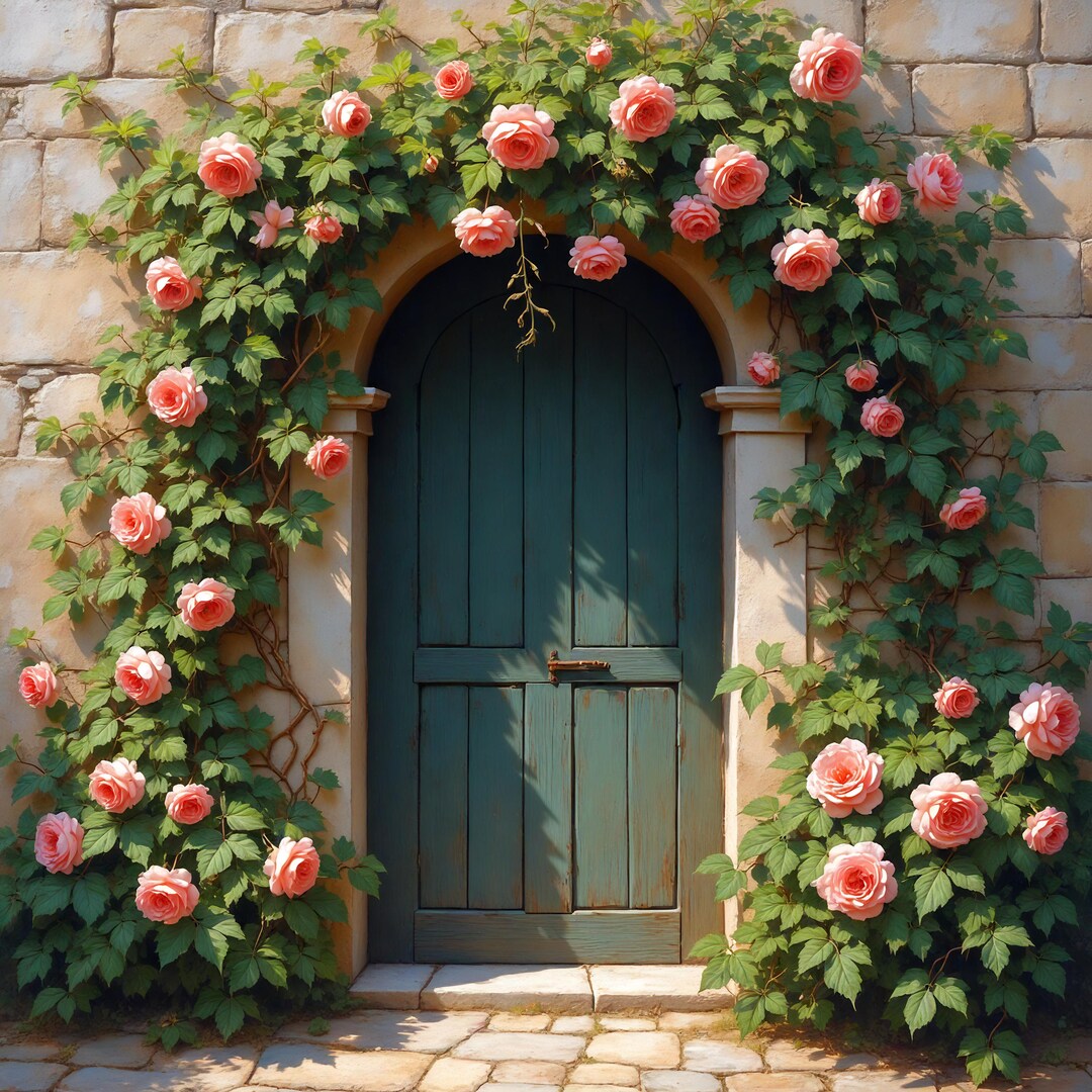 Rose-covered Doorway Wall Art Romantic Floral Decor Rustic Teal Door ...
