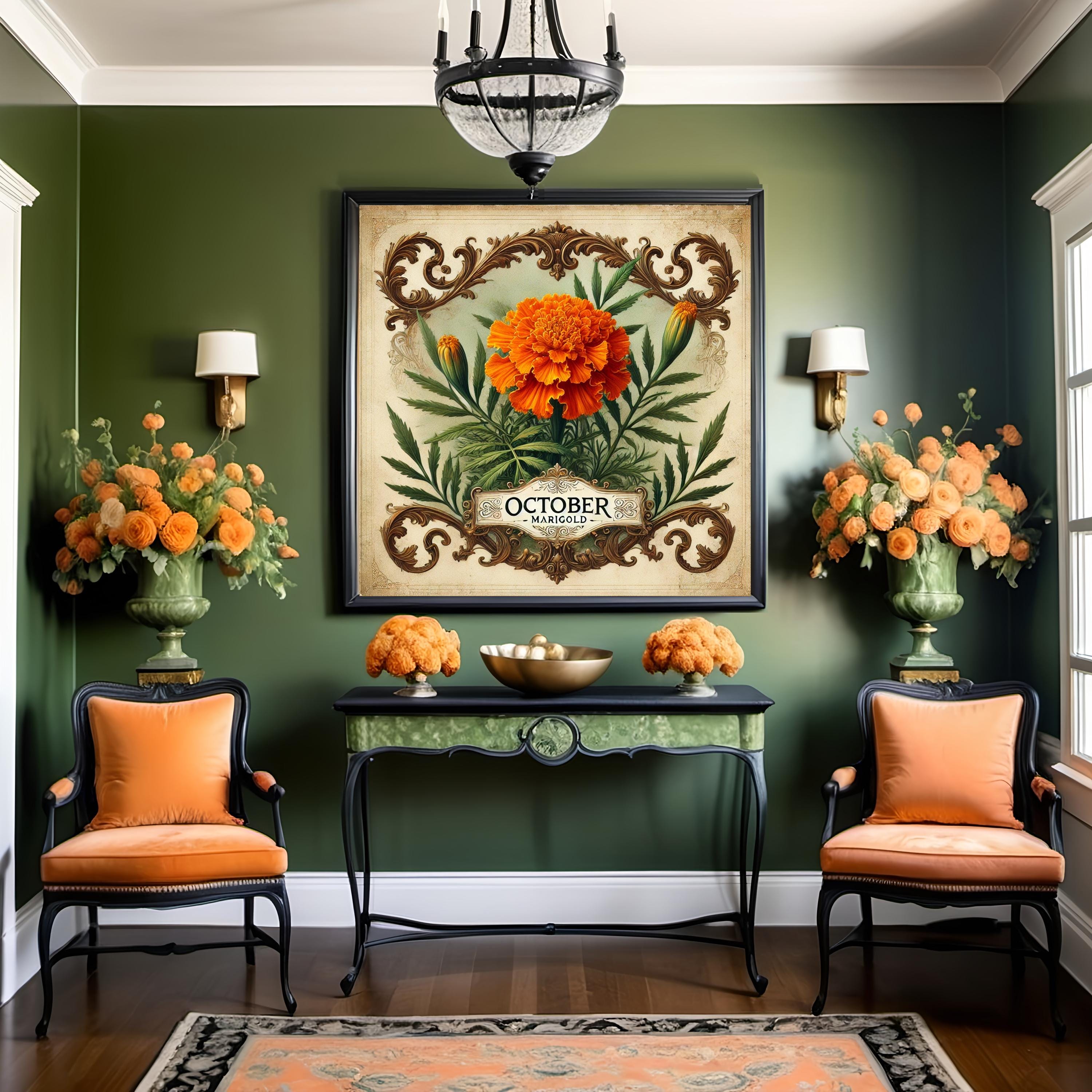 October Marigold Birth Flower Print: Vintage Floral Wall Art (digital ...