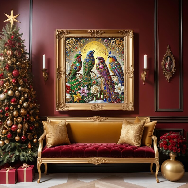 Jeweled Holiday Four Calling Birds Art Print Gilded Christmas Wall ...