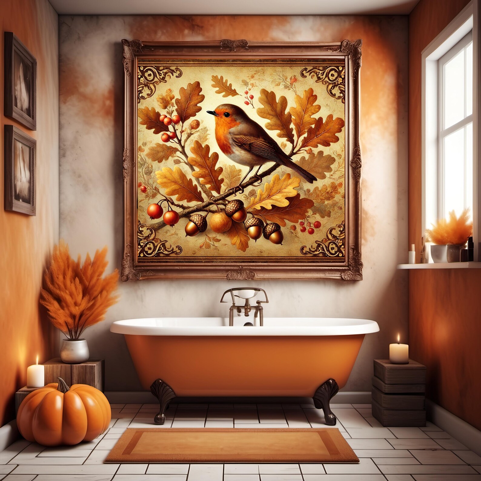 Vintage Fall Robin Print: Acorns & Oak Leaves (digital Download ...