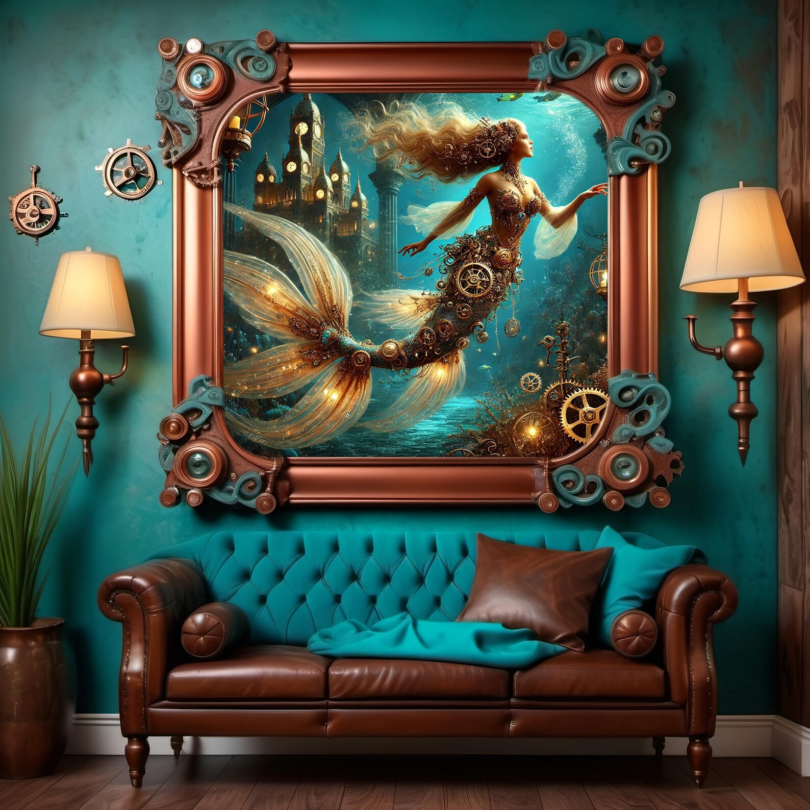 Steampunk Mermaid Digital Print Fantasy Underwater Clockwork Siren Wall ...
