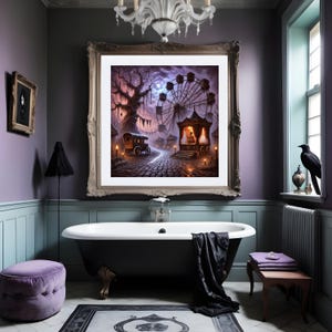 Haunted Carnival Print: Gothic Ferris Wheel, Dark Halloween Fairground ...