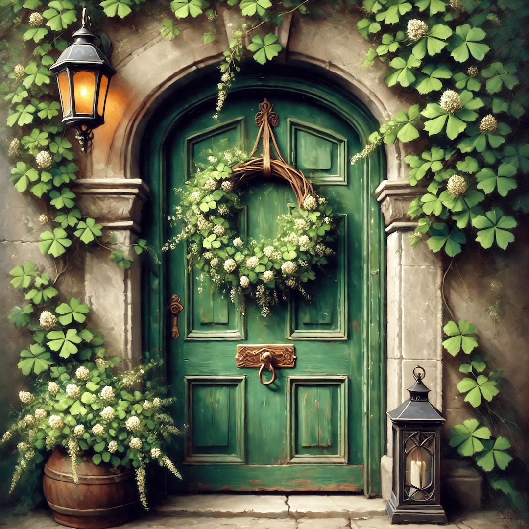 Irish Cottage Door Print: Rustic Green Door, Clover Wreath (digital ...