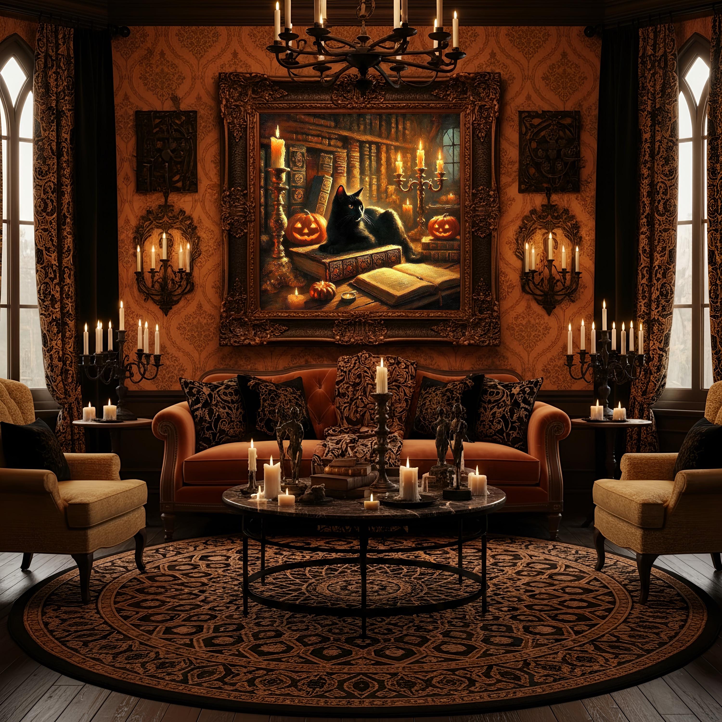 Black Cat Halloween Print: Spooky Library Scene, Witchy Decor (digital ...