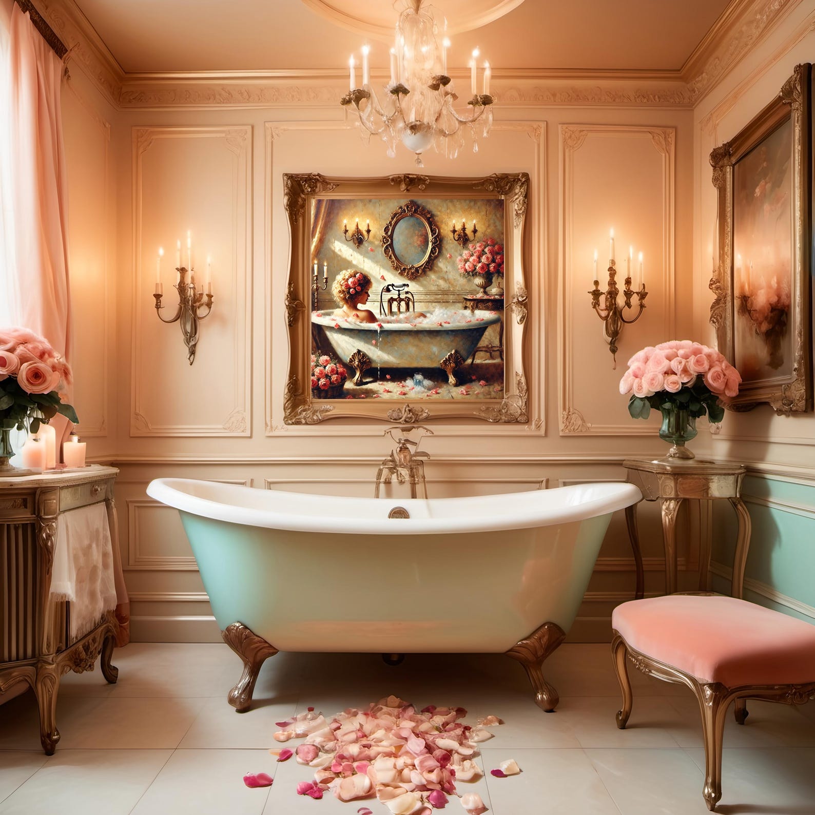 Romantic Vintage Bubble Bath Wall Art Feminine Digital Print With Roses Valentine Gift Idea ...