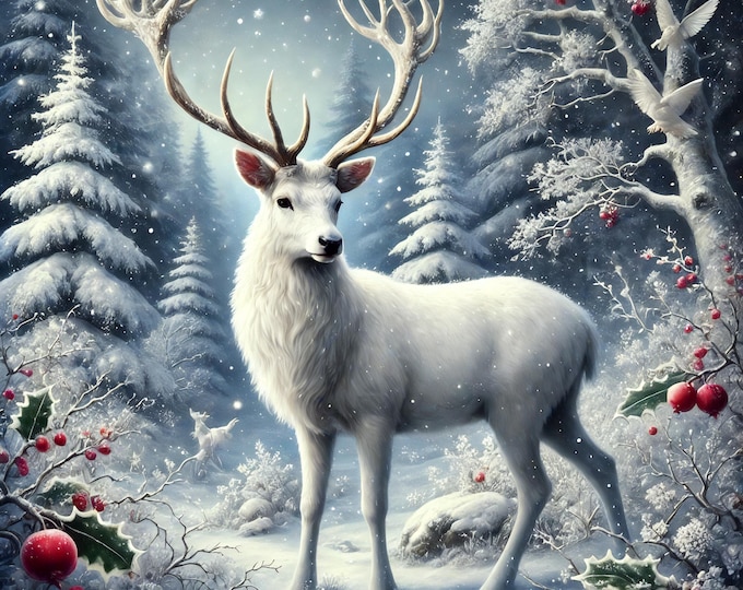 White Stag Winter Woodland Art Print: Snowy Holiday Decor (digital ...
