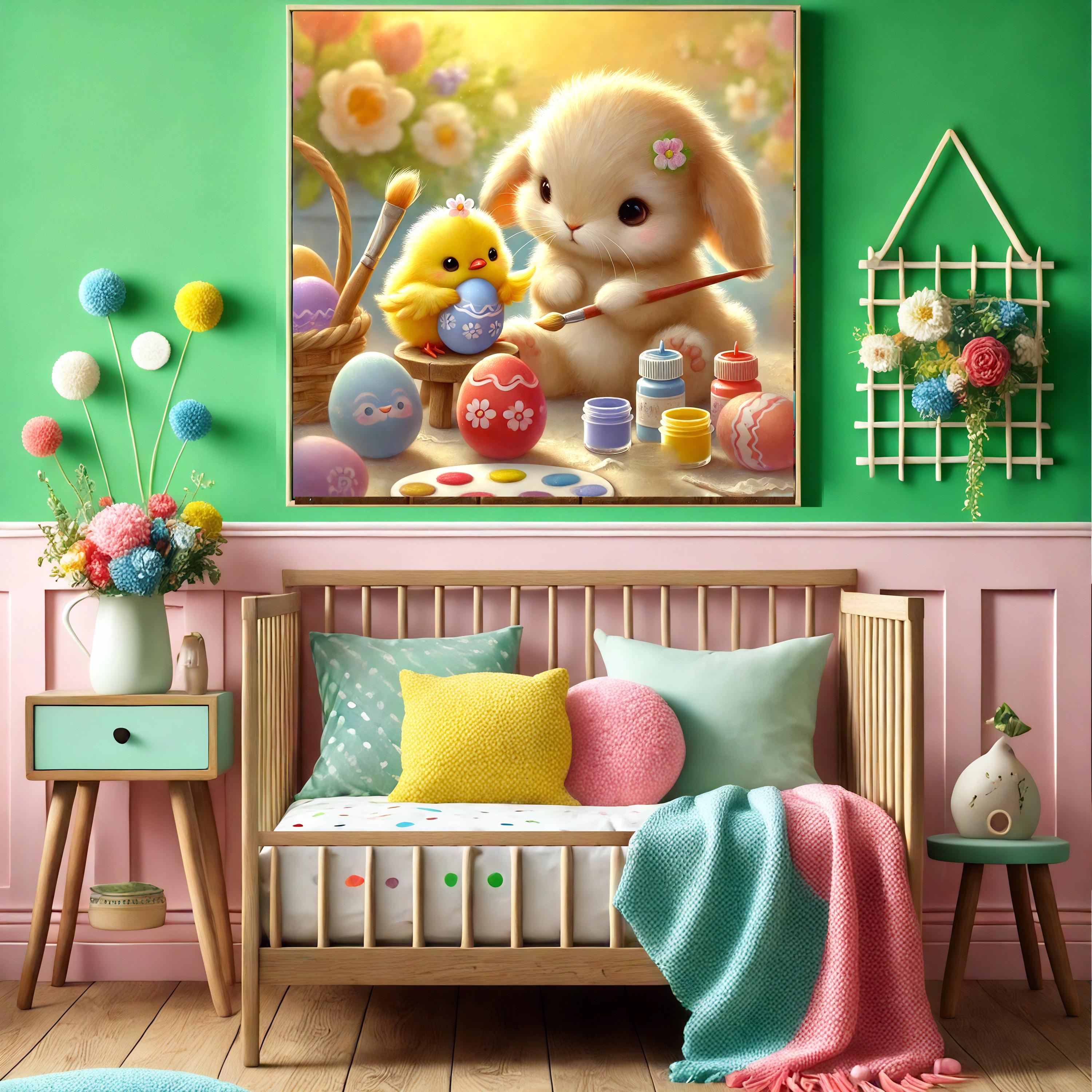Easter Bunny & Chick Painting Eggs: Whimsical Spring Print (digital ...