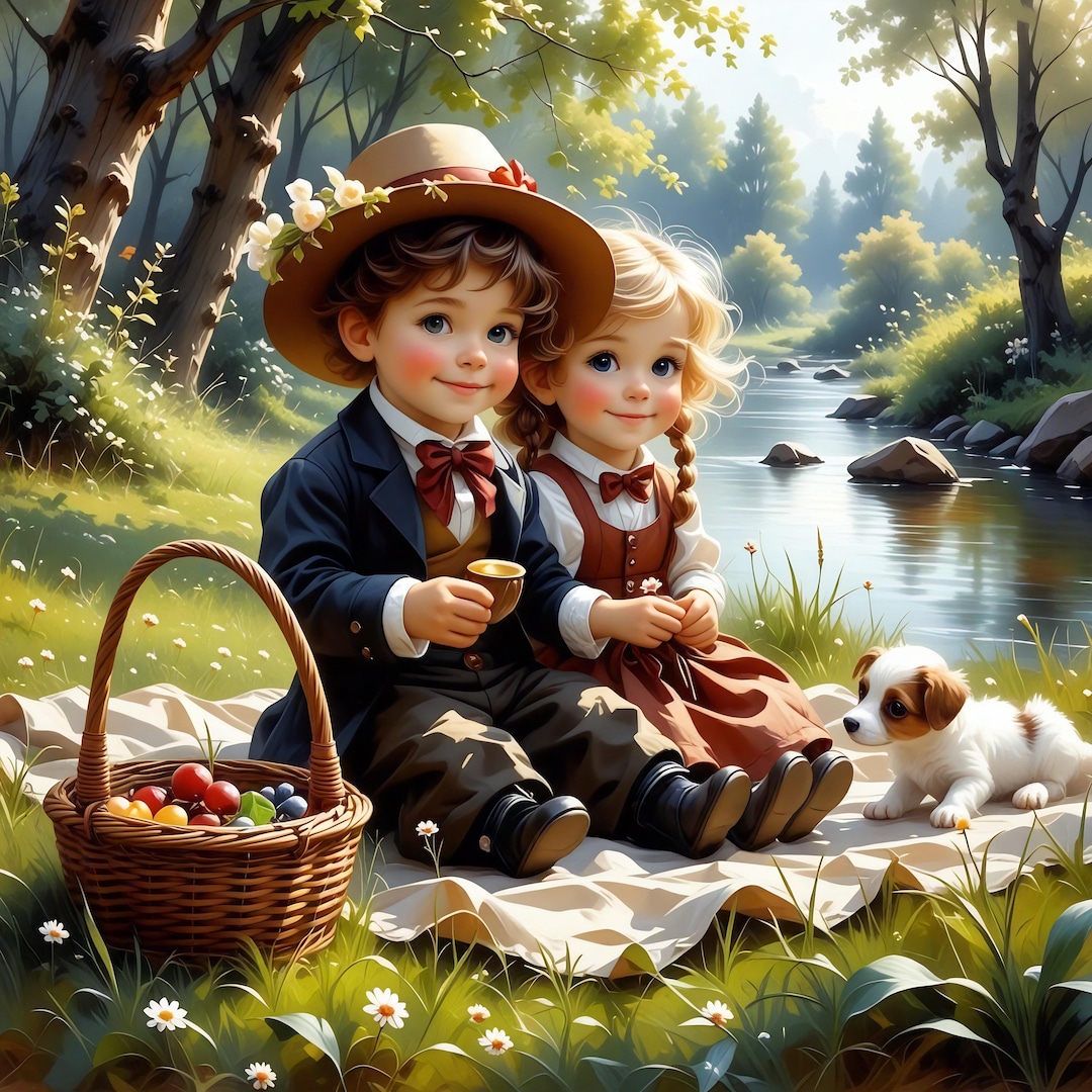 Victorian Children's Picnic Print: Cottagecore Puppy Scene (digital ...