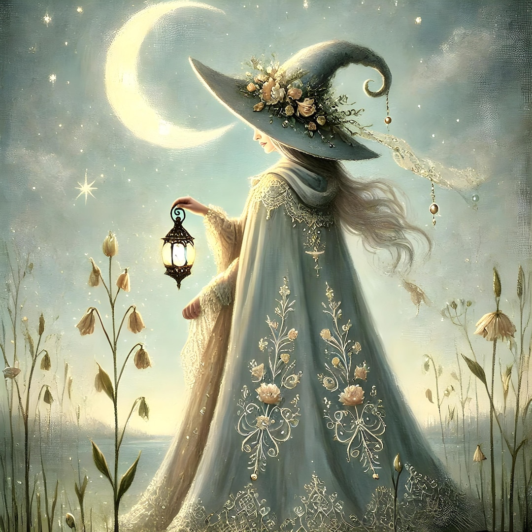 Crescent Moon Witch Art Print: Gothic Fantasy Wall Decor (digital ...