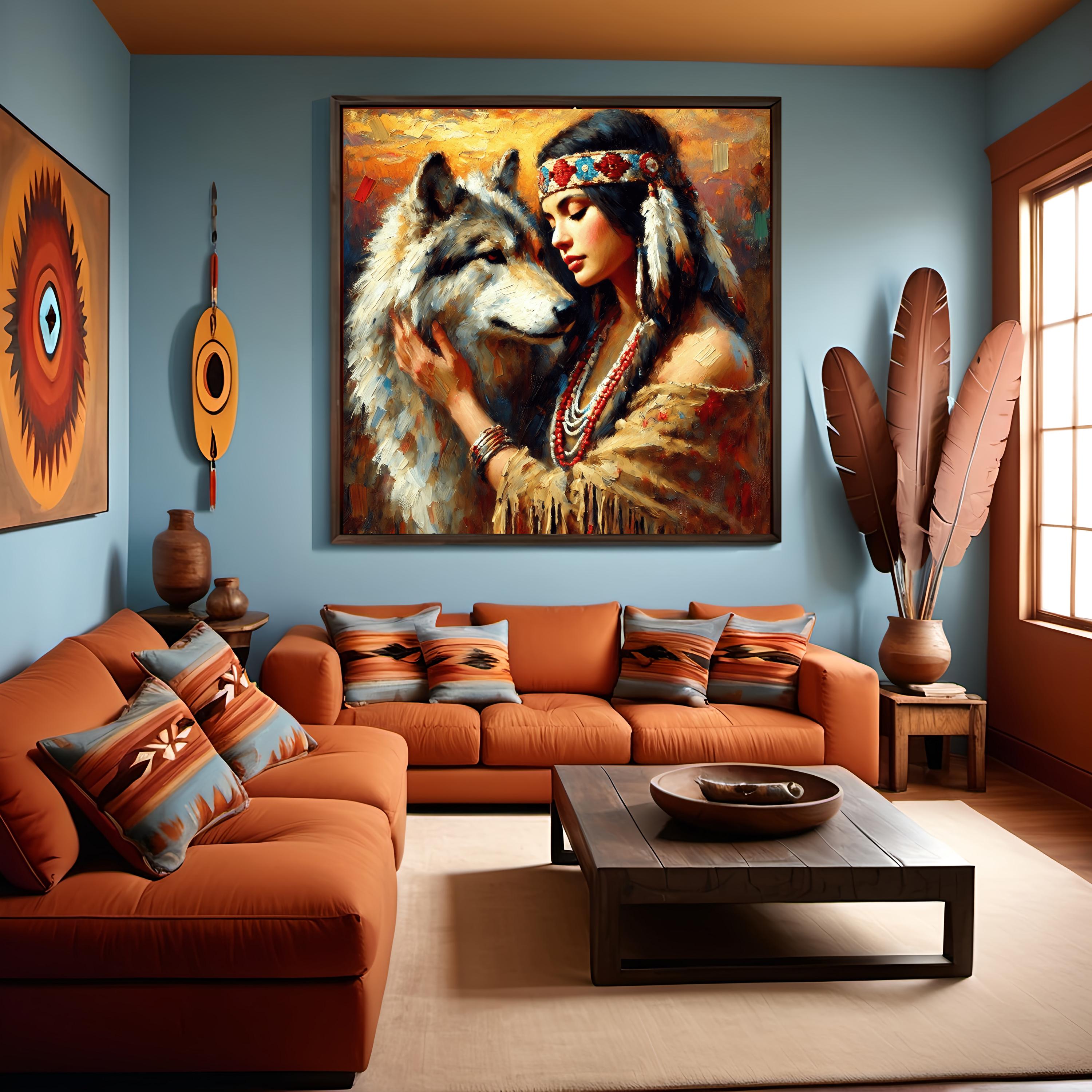 Native American Woman and Wolf Embrace Impressionist Style Digital Art ...