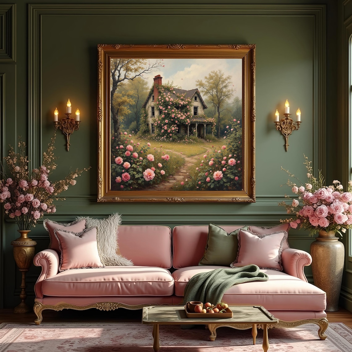 Rose Garden Cottage Art Print: Romantic Overgrown Flower House Painting ...
