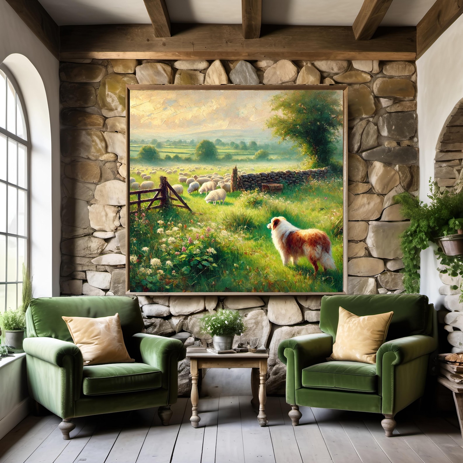 Vintage Farm Landscape Digital Print, Sheep and Sheepdog Pastoral Art ...