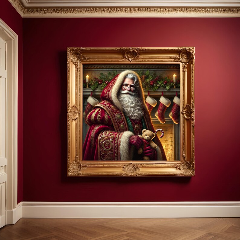 Vintage Santa Claus Christmas Artwork Regal Santa Painting With Teddy ...