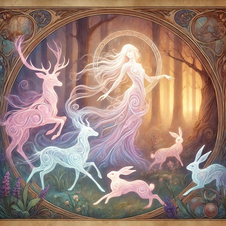 Ethereal Forest Goddess and Spirit Animals Digital Art Mystical Fantasy ...