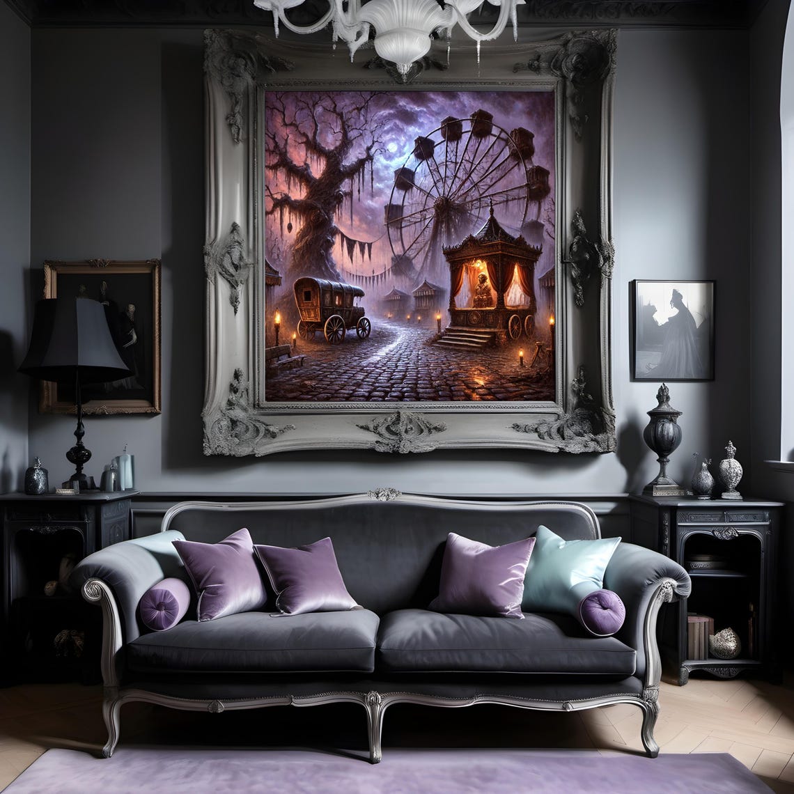 Haunted Carnival Print: Gothic Ferris Wheel, Dark Halloween Fairground ...