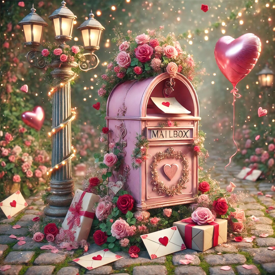 Whimsical Vintage Valentine's Day Mailbox Scene Romantic Digital Print ...