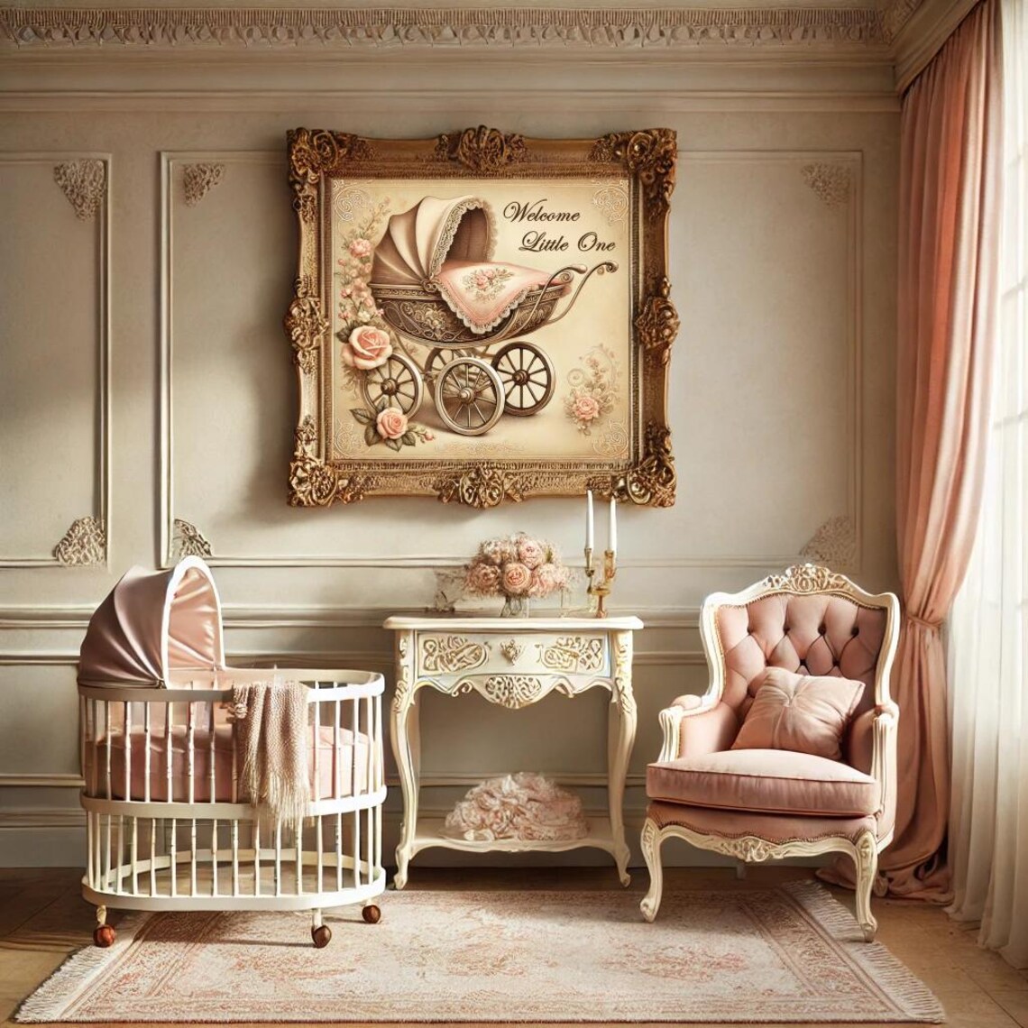 Vintage Baby Pram Print: Pink Antique Carriage Nursery Decor (digital ...