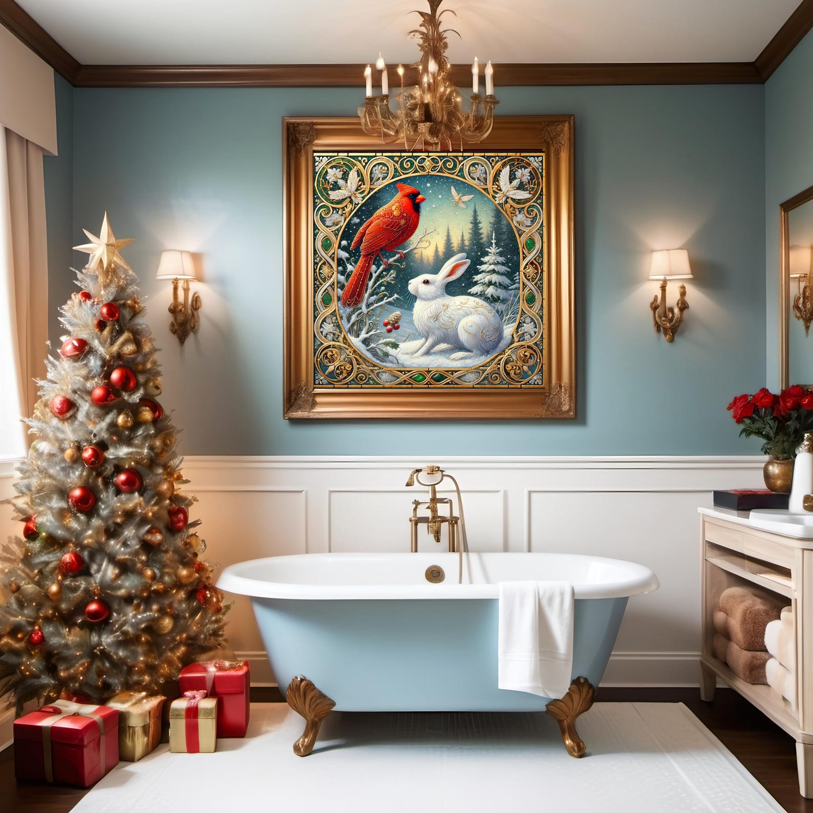 Winter Cardinal and White Rabbit Wall Art Digital Download Vintage ...