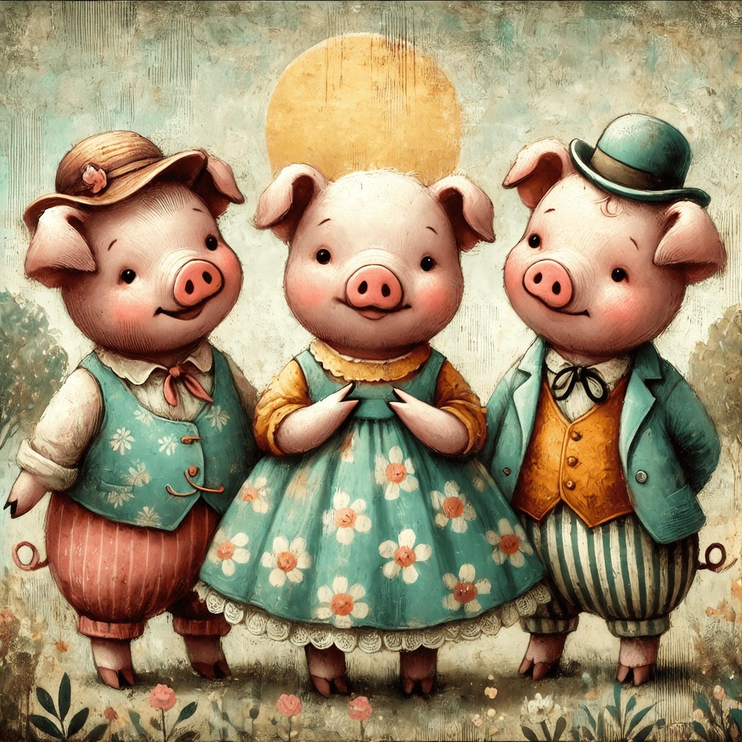 Three Little Pigs Vintage Print: Whimsical Nursery Rhyme Art (digital ...