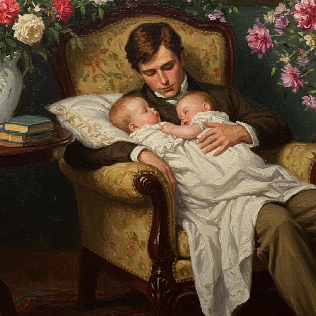 Father & Twin Babies Vintage Painting: Sentimental Wall Art (digital ...