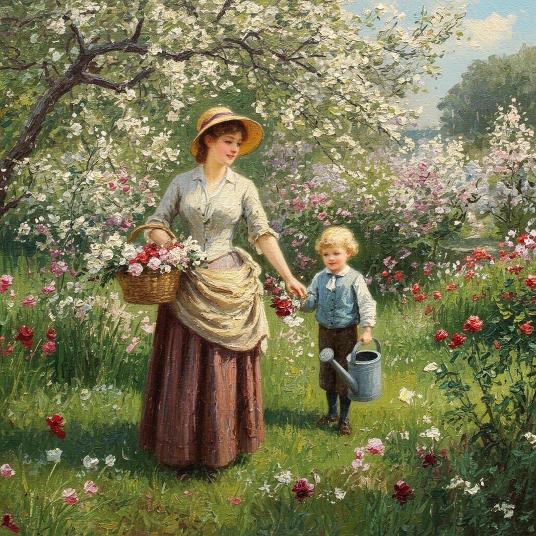 Victorian Mother and Son Spring Garden Art: Vintage Floral Scene ...