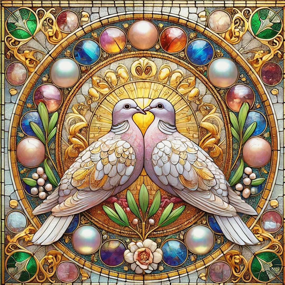 Art Nouveau Turtle Doves Stained Glass Art: Romantic Bird Print ...