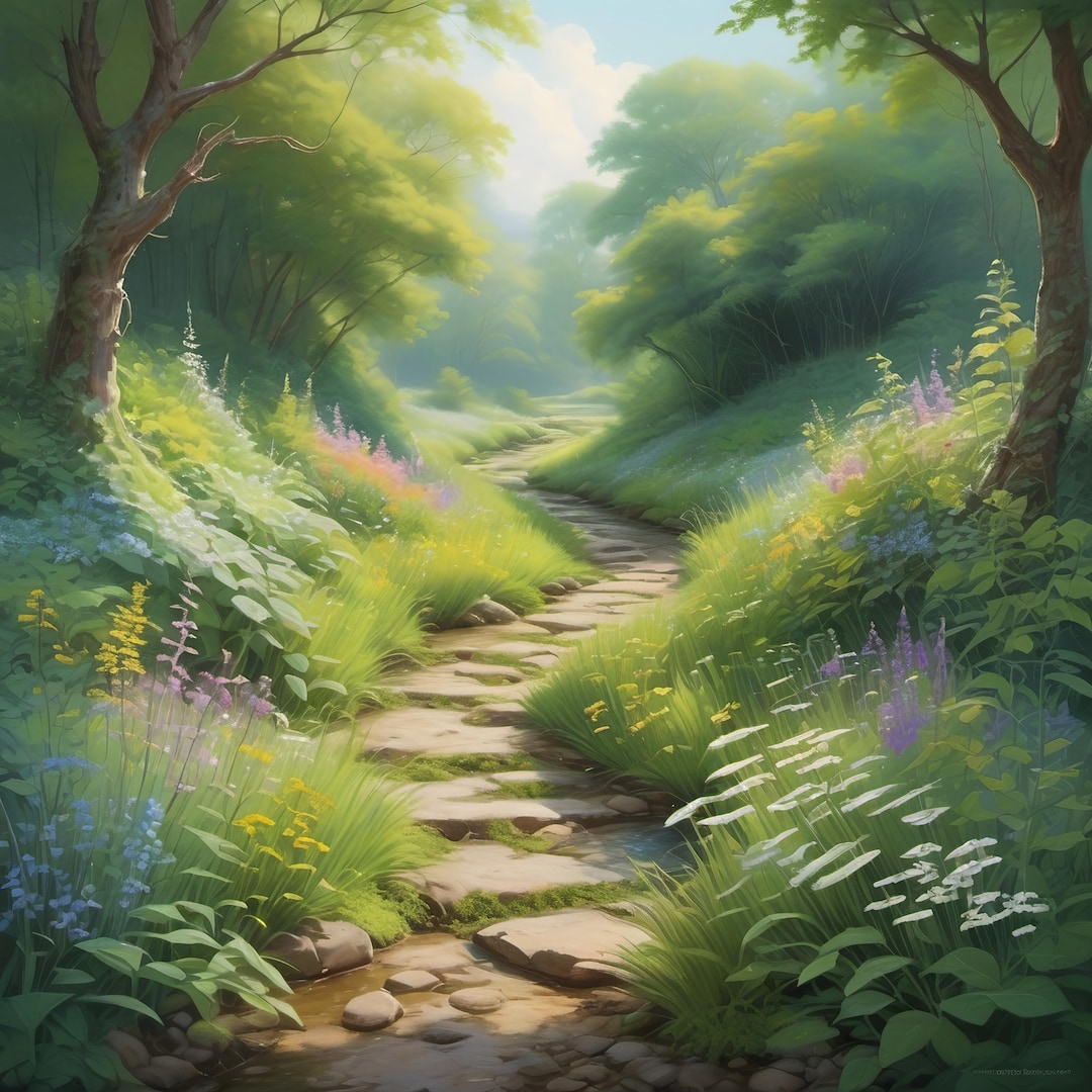 Meadow Pathway Art Print: Tranquil Wildflower Landscape (digital ...