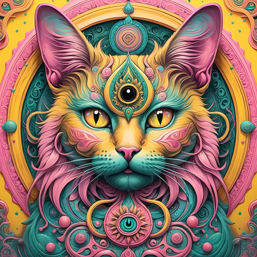 Psychedelic Third-eye Cat Portrait: Mystical Boho Wall Art (digital ...