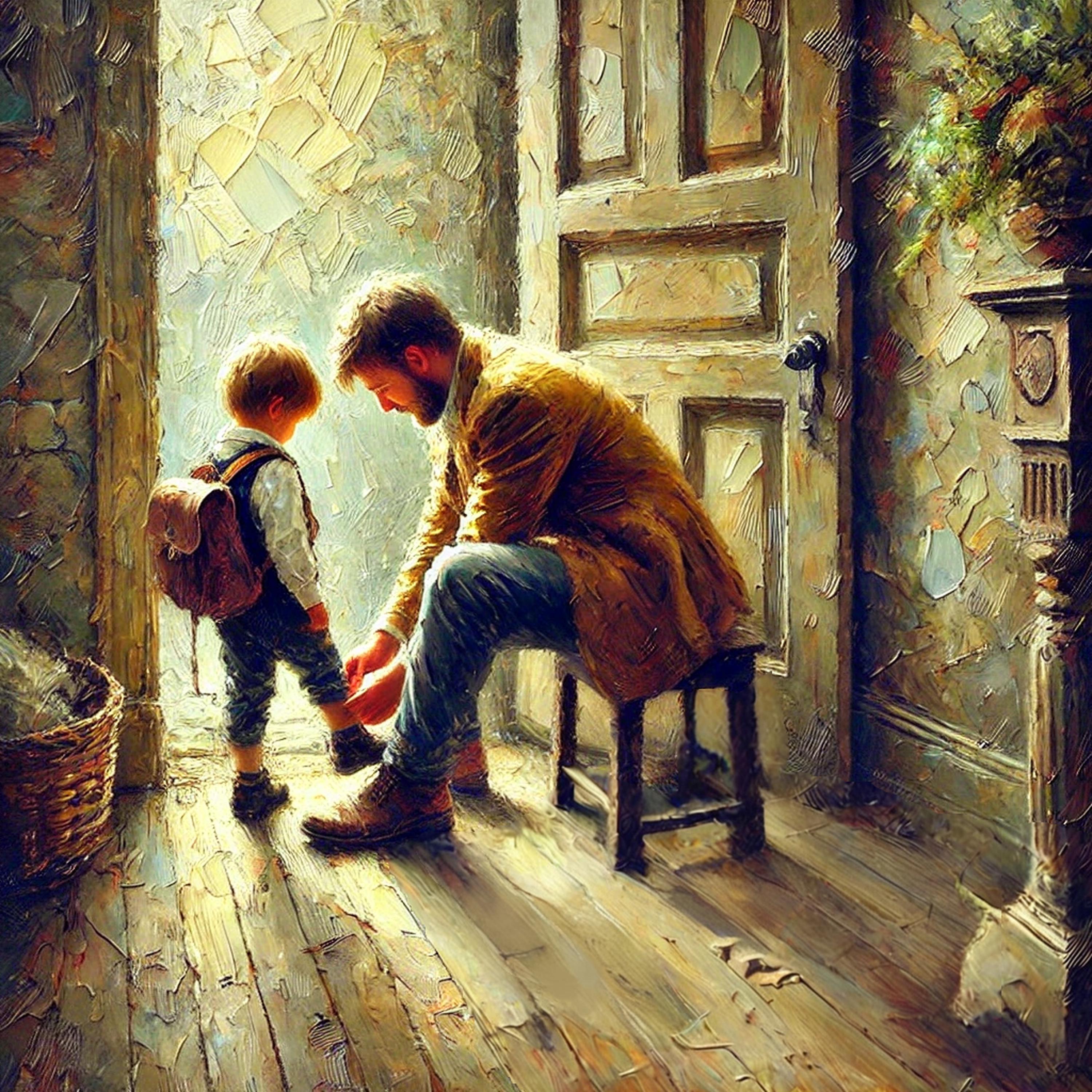 Father Helping Son Tie Shoes Rustic Painting Father and Child Art ...