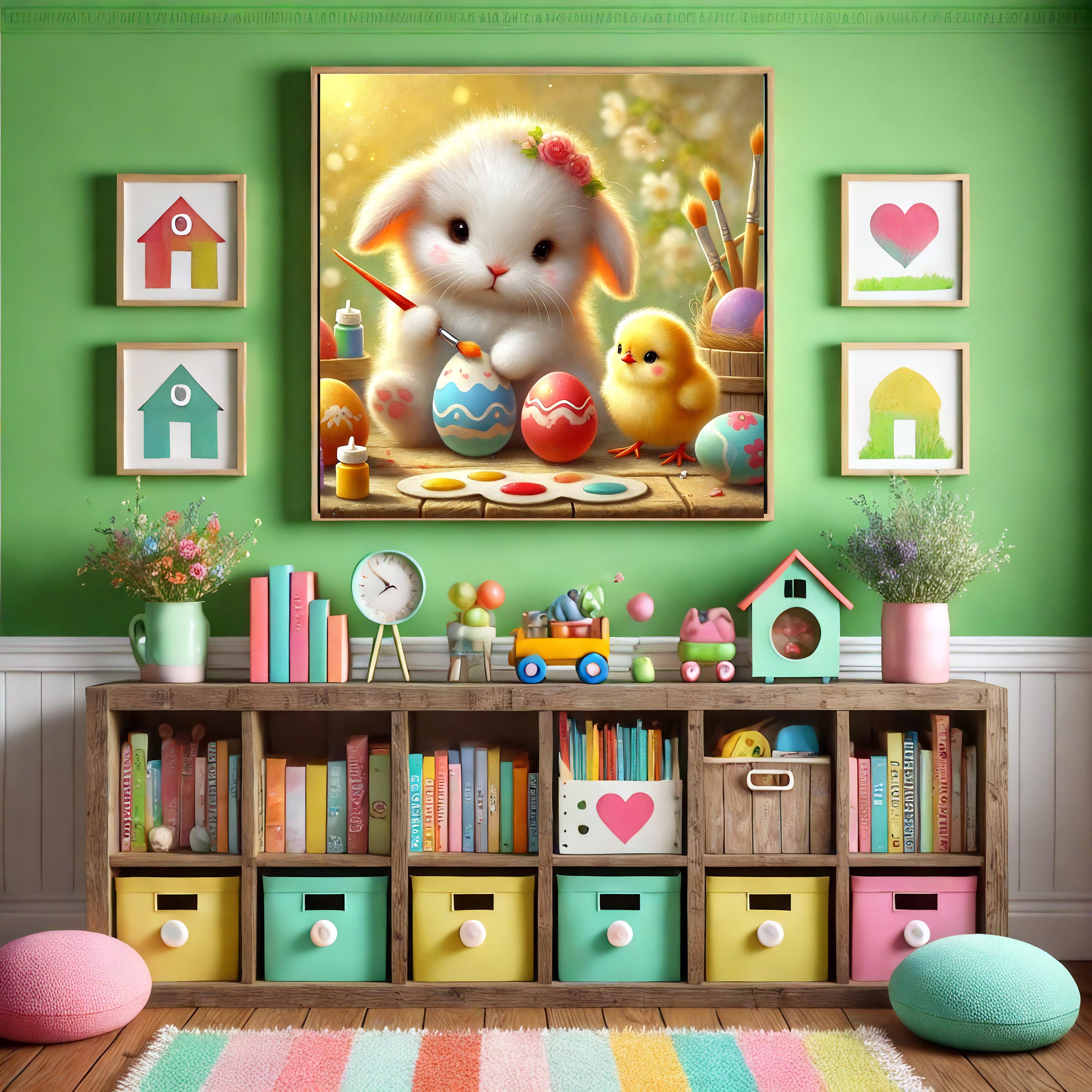 Easter Bunny & Chick Painting Eggs: Whimsical Spring Nursery Art ...