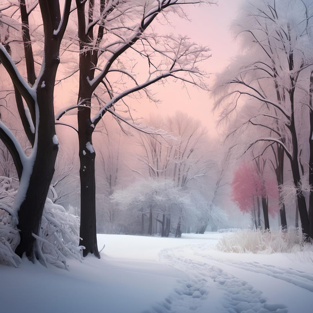 Winter Forest Sunset Art Print: Pink Sky Snowy Landscape (digital ...
