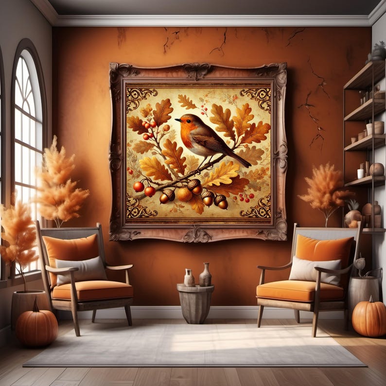 Vintage Fall Robin Print: Acorns & Oak Leaves (digital Download ...