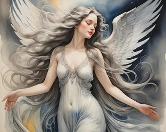 Angel Wings Digital Wall Art | Celestial Oil Painting Style Printable | Ethereal Angelic Figure ...