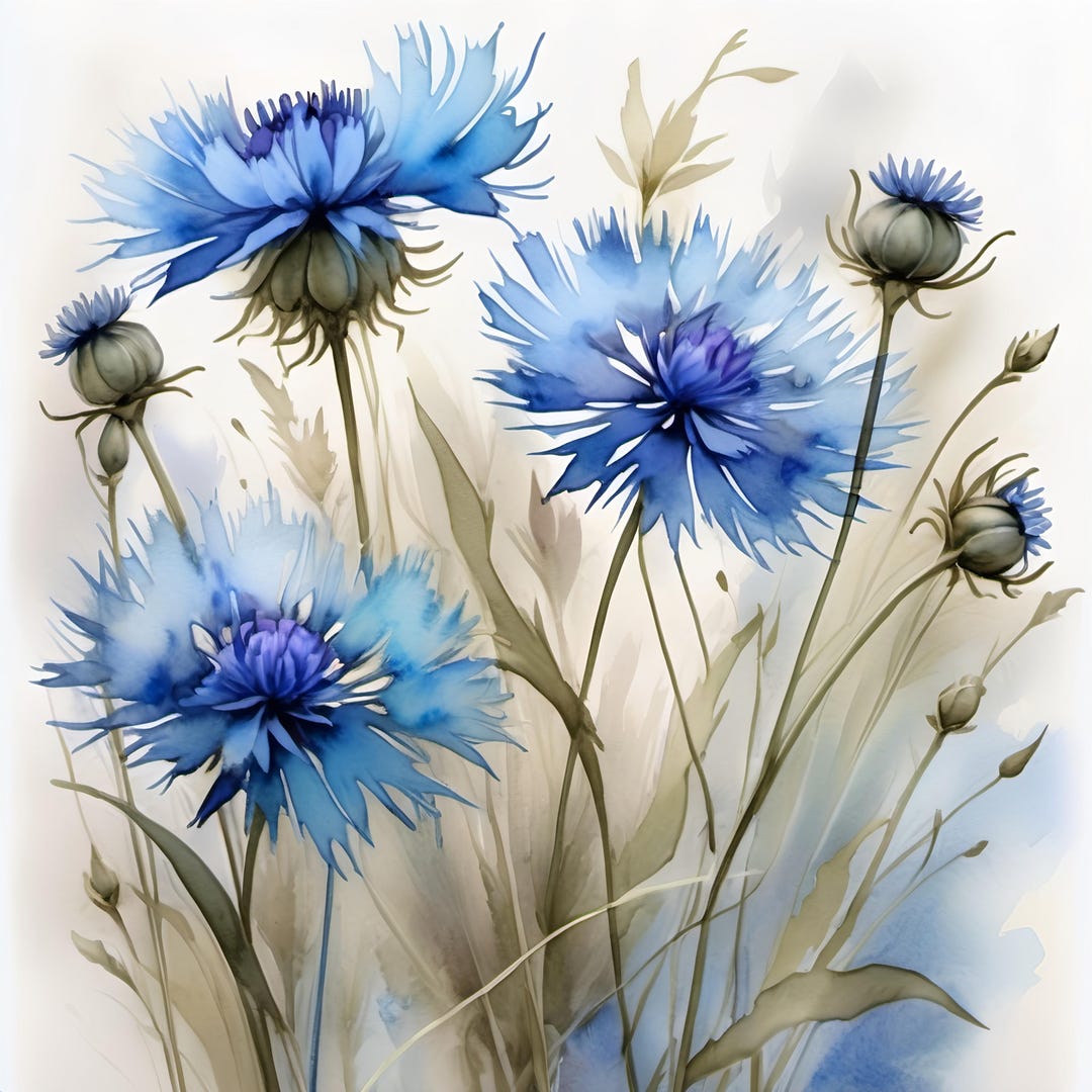 Blue Bachelor Button Watercolor Print: Botanical Wall Art (digital ...