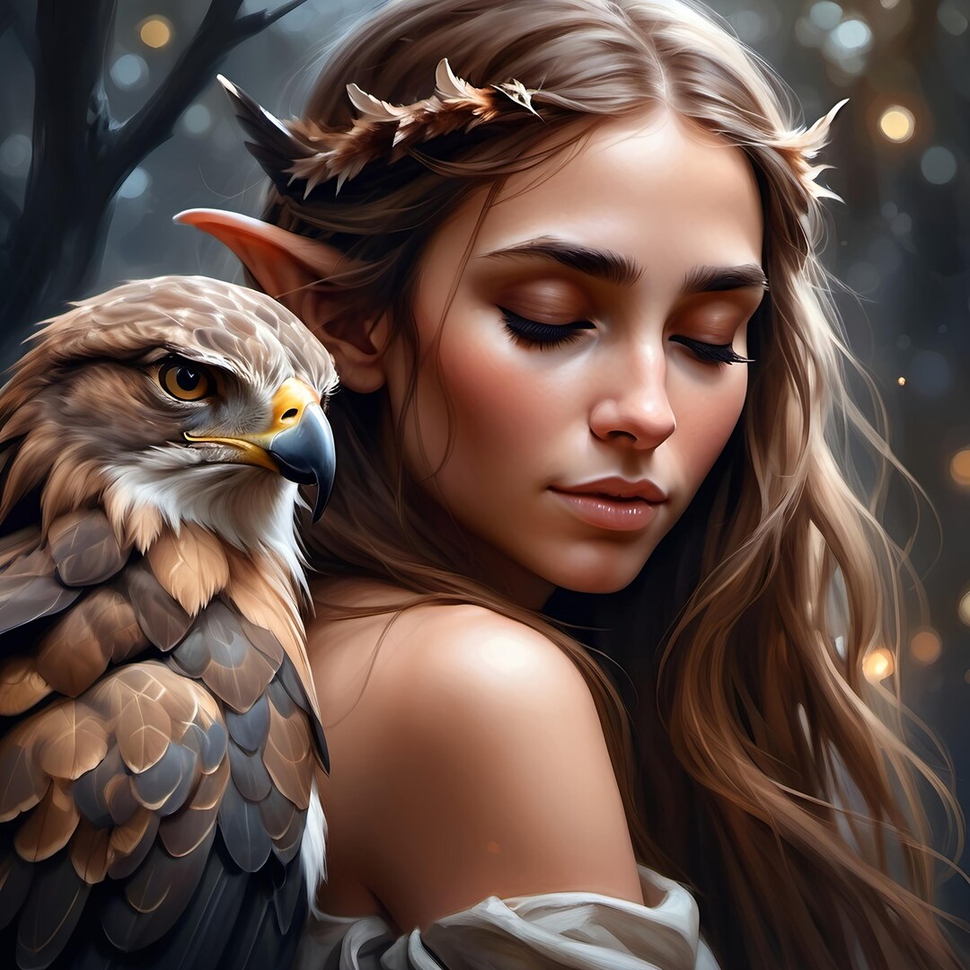 Elf Maiden and Hawk Art Print: Enchanting Forest Fantasy (digital ...