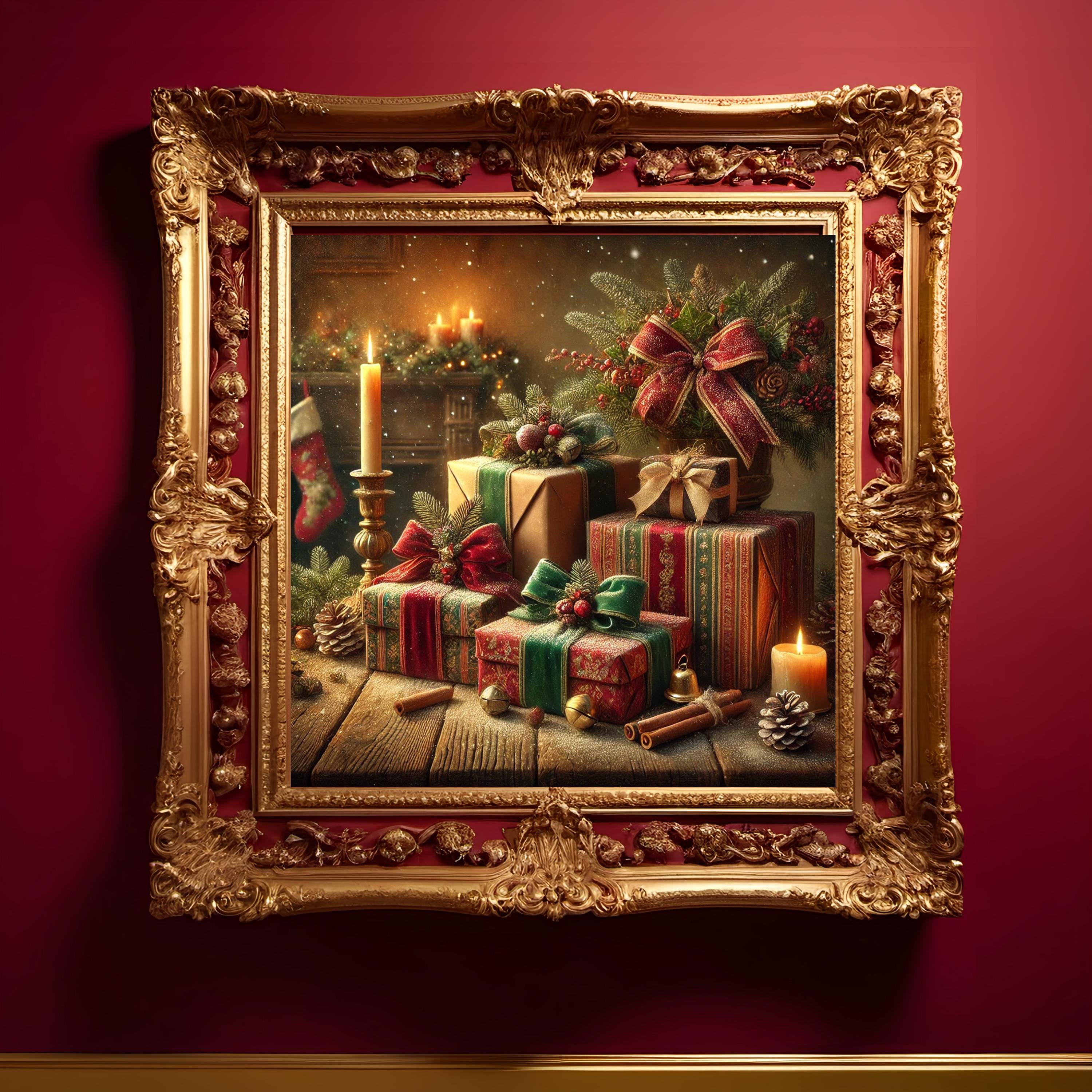 Vintage Christmas Still Life Print: Antique Gifts, Cozy Candlelight ...