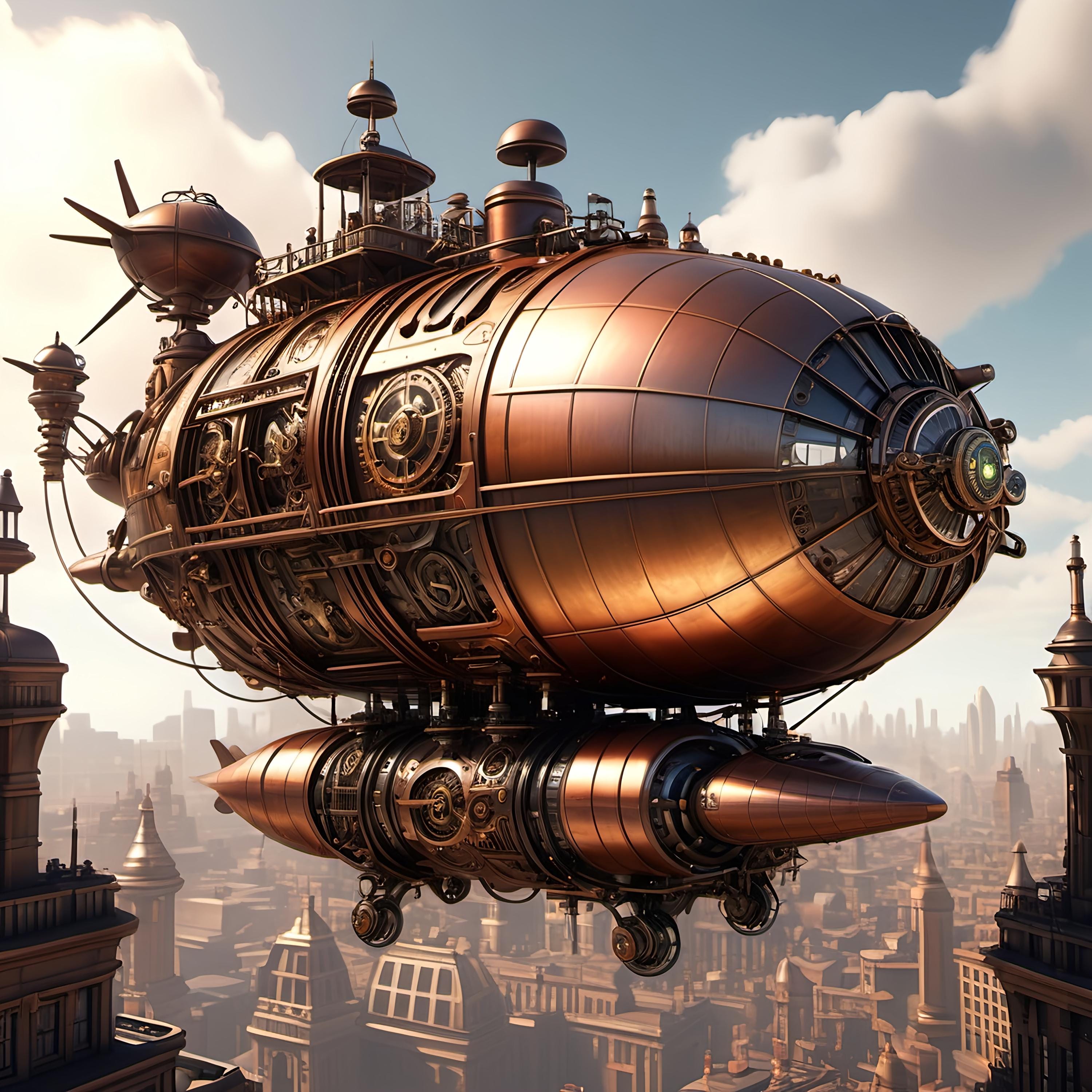 Steampunk Airship Art Print: Copper Zeppelin, Vintage Cityscape ...