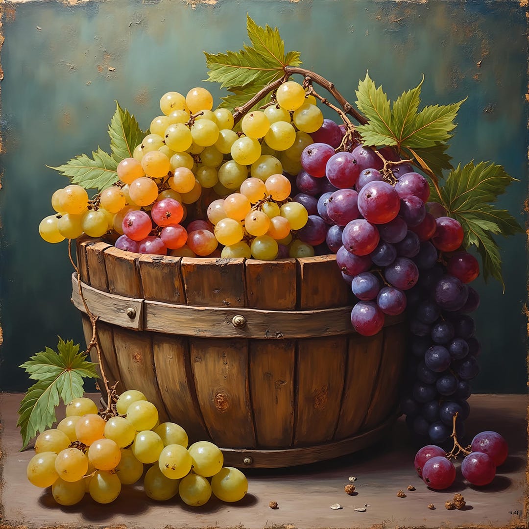 Rustic Grape Still Life Art, Oil Painting Style Grapes, Farmhouse Wall ...