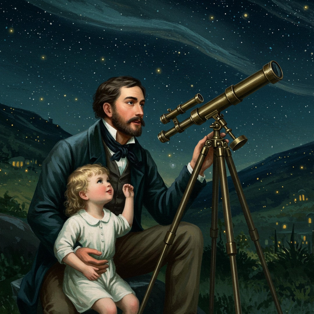 Father Child Stargazing Telescope Painting Vintage Night Sky Fathers ...