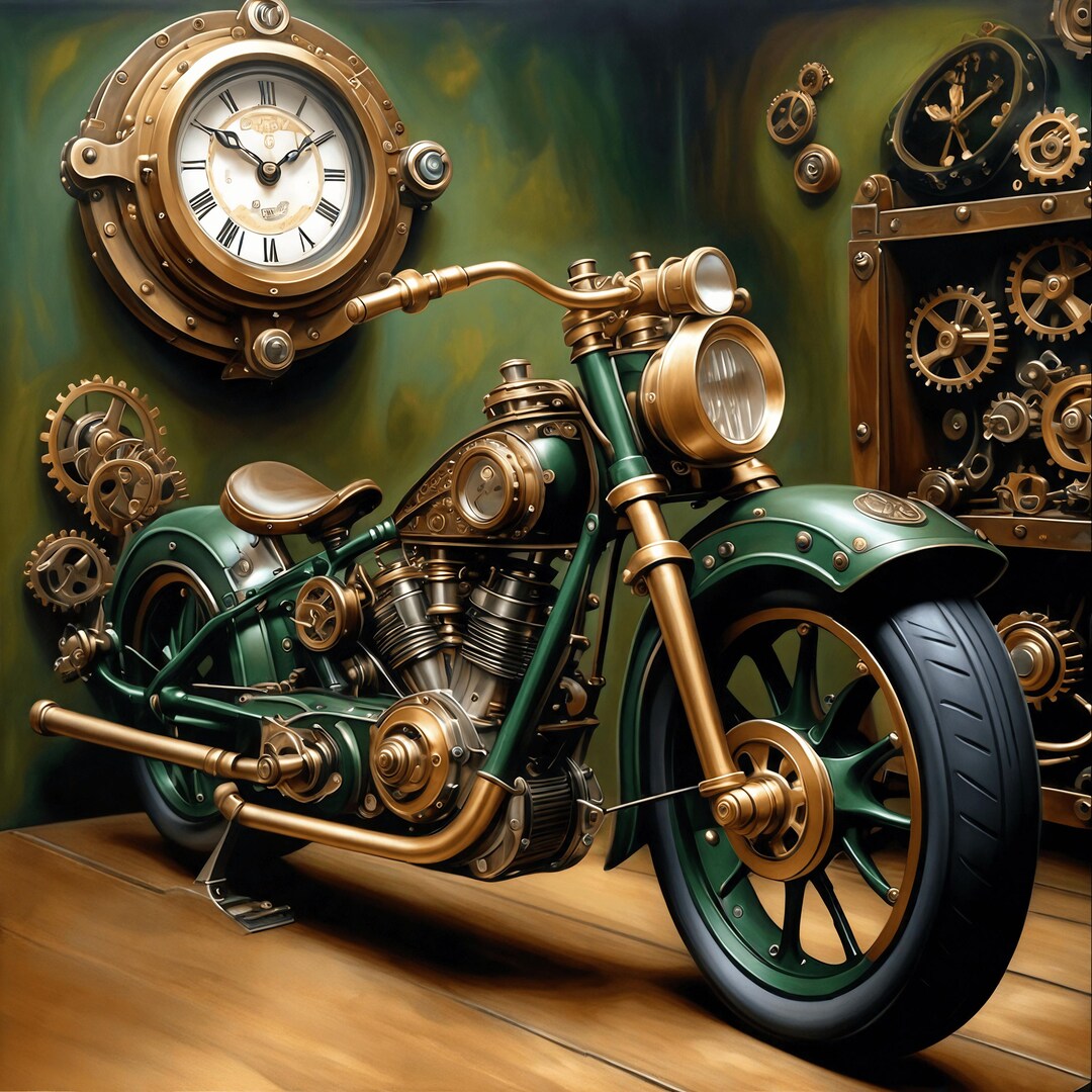 Steampunk Motorcycle Art Print: Vintage Clockwork Racer (digital ...