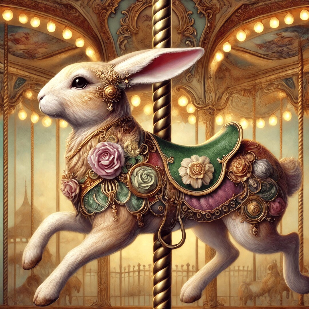 Vintage Carousel Bunny Digital Print Whimsical Rabbit Wall Art ...