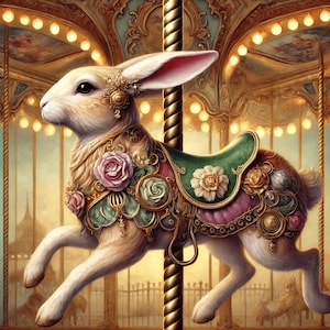 Vintage Carousel Bunny Digital Print Whimsical Rabbit Wall Art ...