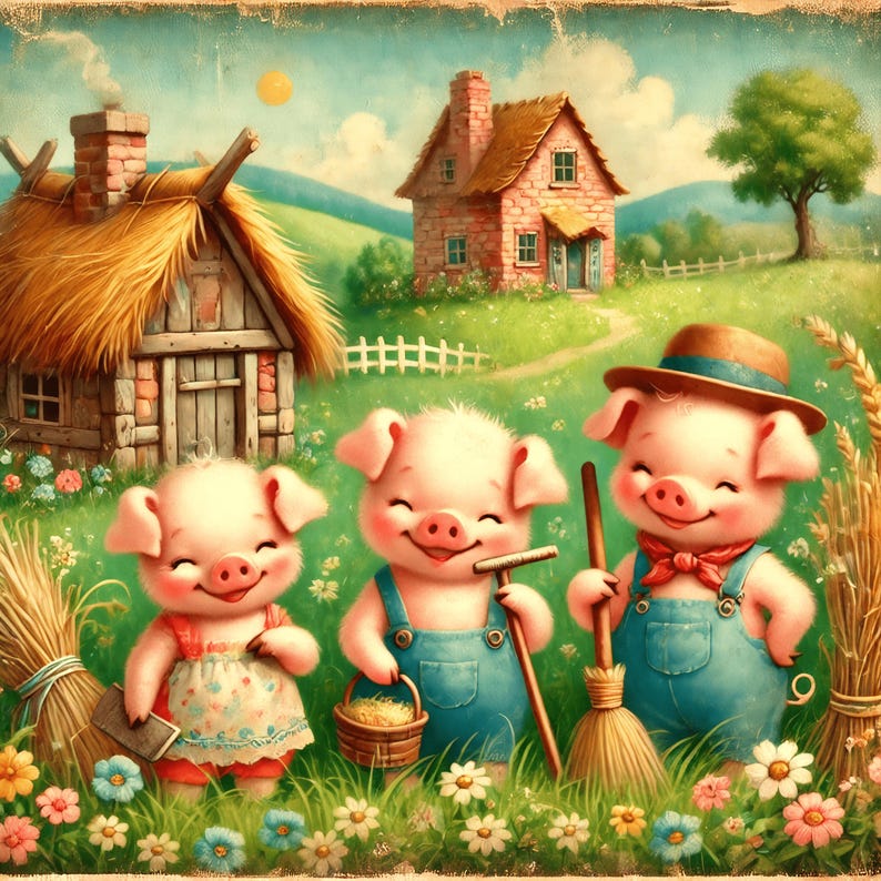 Three Little Pigs Vintage Nursery Print: Storybook Wall Art (digital ...