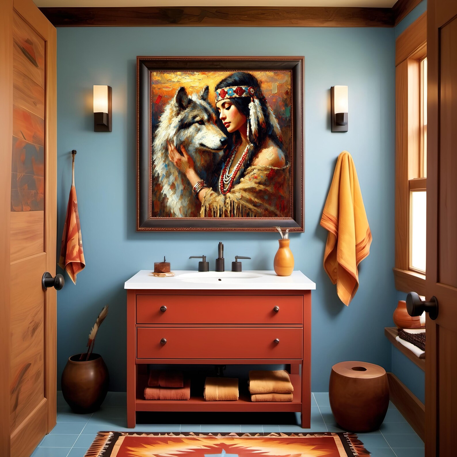 Native American Woman and Wolf Embrace Impressionist Style Digital Art ...