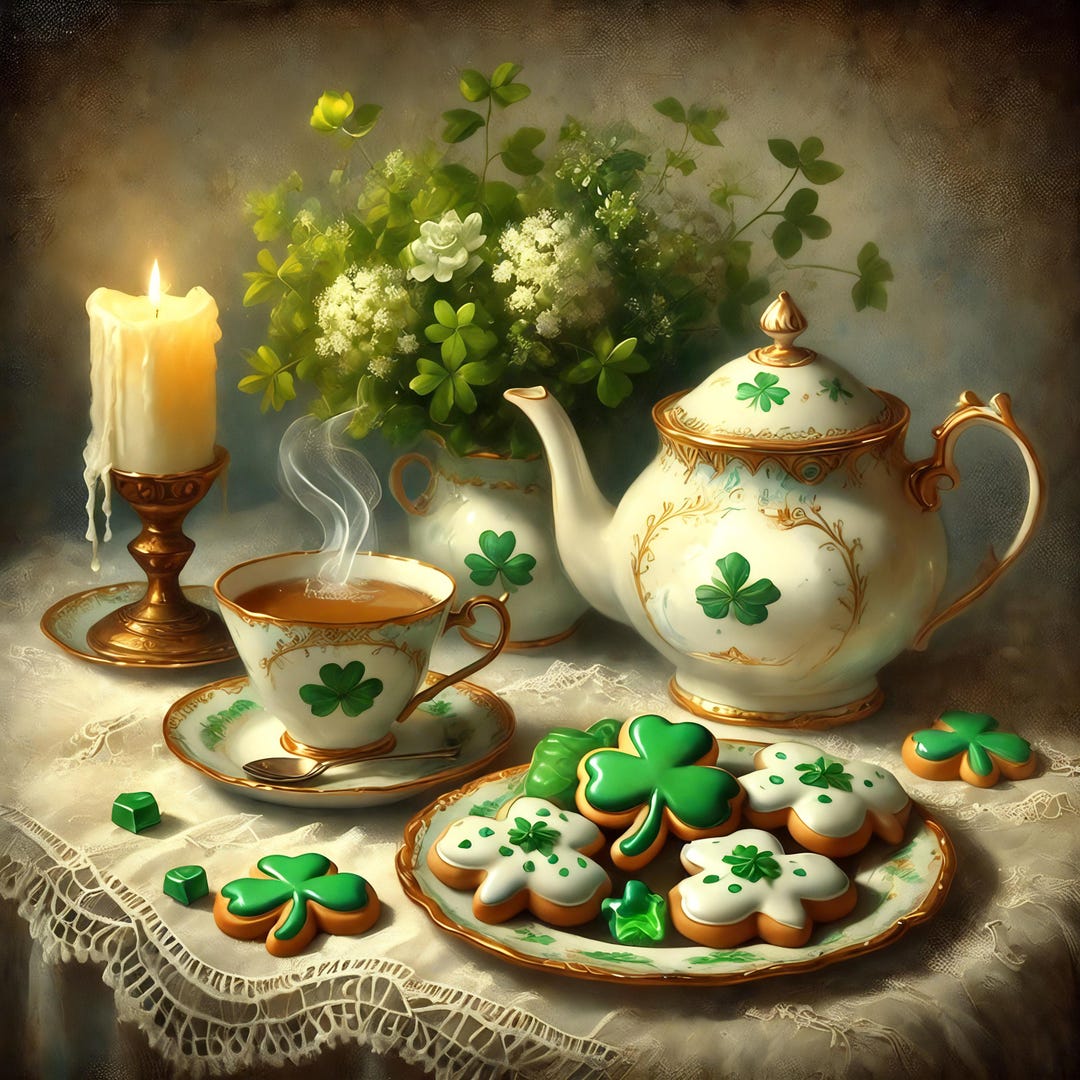 Vintage Shamrock Tea Party Still Life Art: Elegant Irish Cottage Decor ...